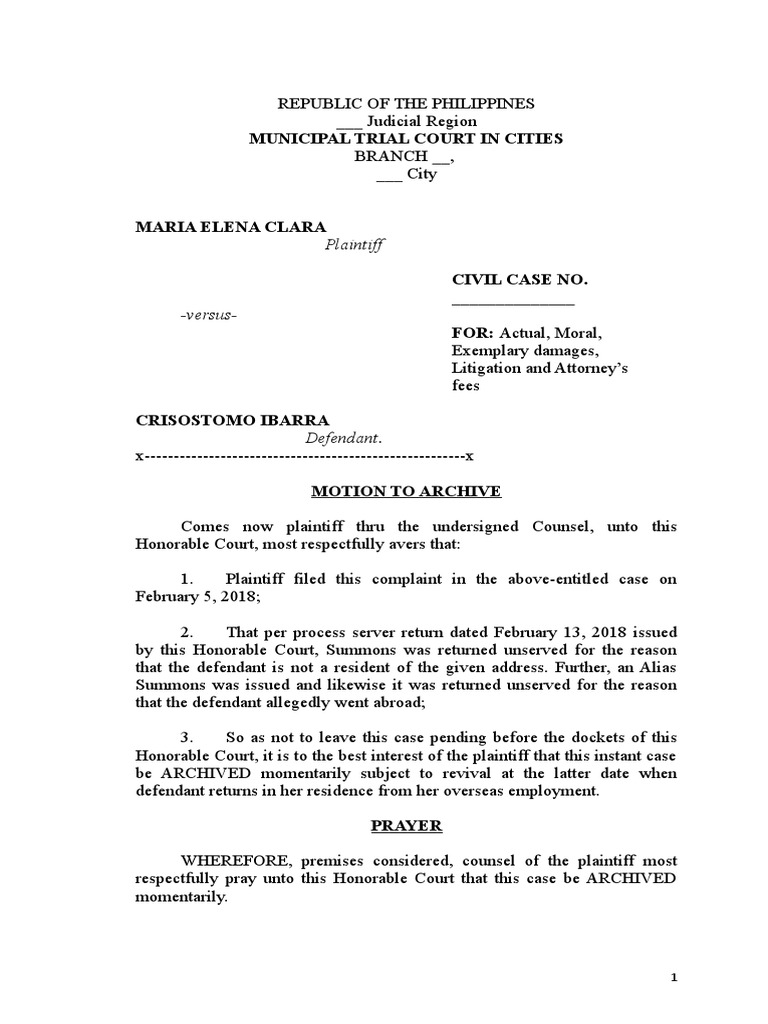 Motion to Archive. Sample | Lawsuit | Common Law