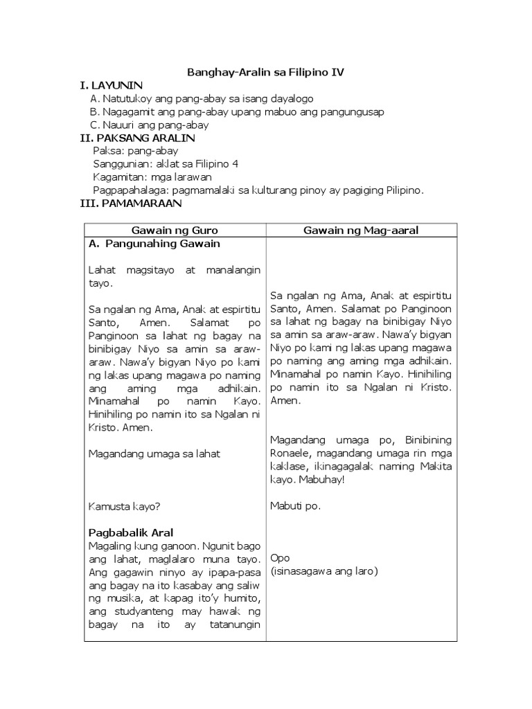 Banghay-Aralin Sa Filipino IV | PDF
