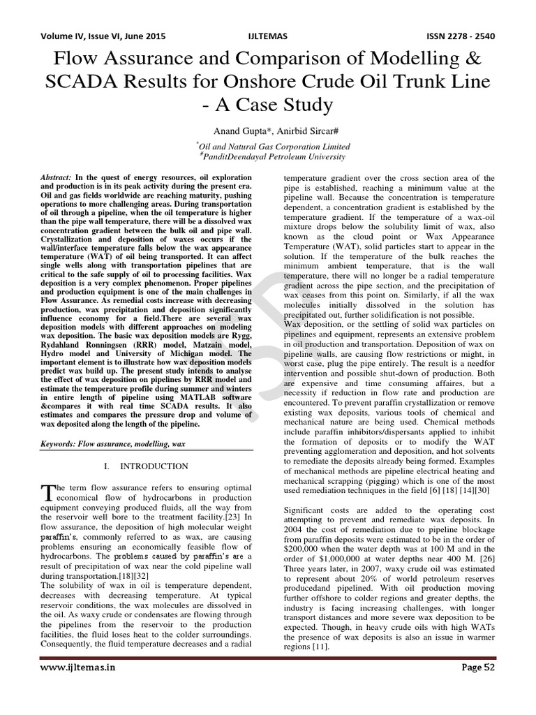 Analysis of Wax Deposition in an Onshore Crude Oil Trunk Line Using ...