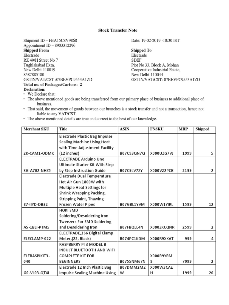 Stock Transfer Note | PDF | Soldering | Industrial Processes