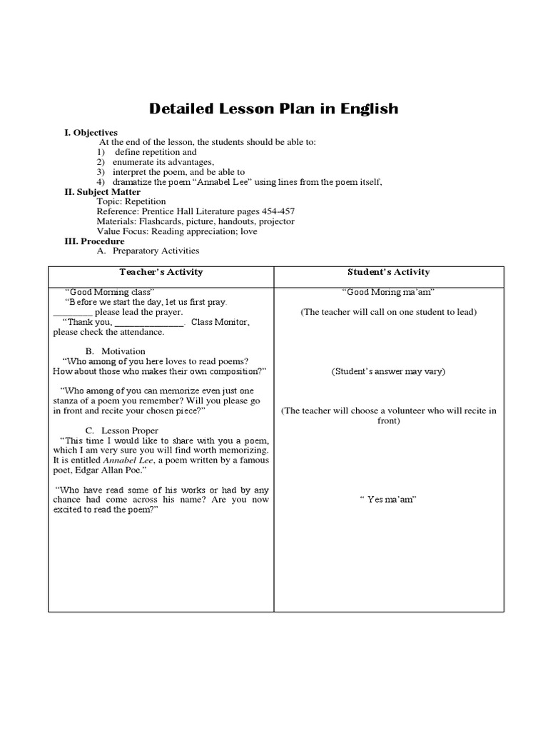 Detailed Lesson Plan on Poe's 'Annabel Lee | PDF | Poetry