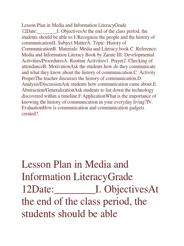 Lesson Plan in Media and Information LiteracyGrade 12date | Download ...