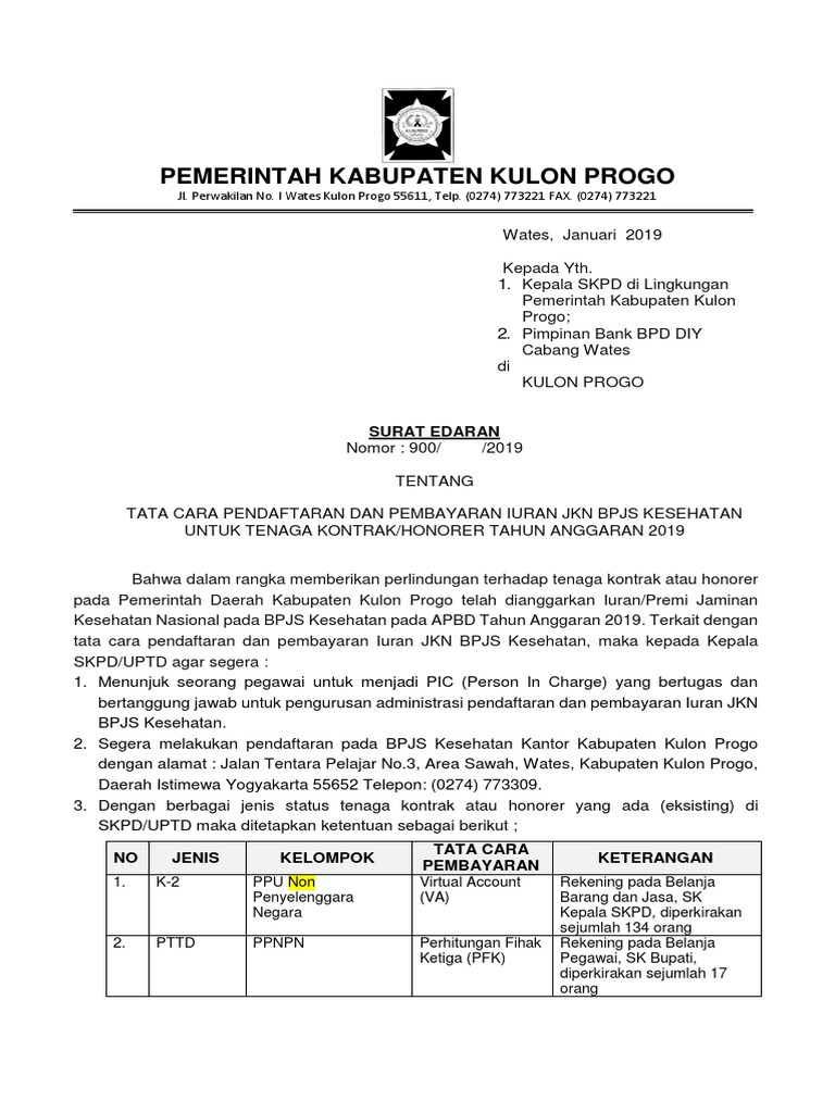 Surat Edaran Bpjs Tenaga Kontrak Kab Kulonprogo Revisi | PDF