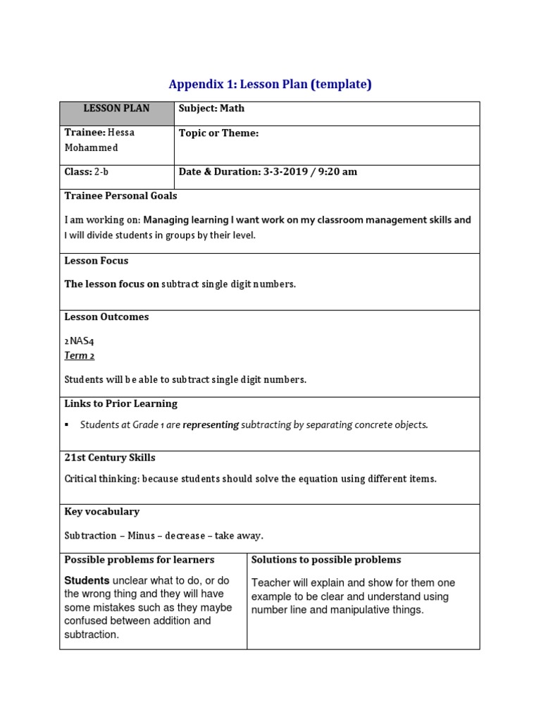 Lesson Plan Subtract Single Digit Numbers | PDF | Lesson Plan | Teaching