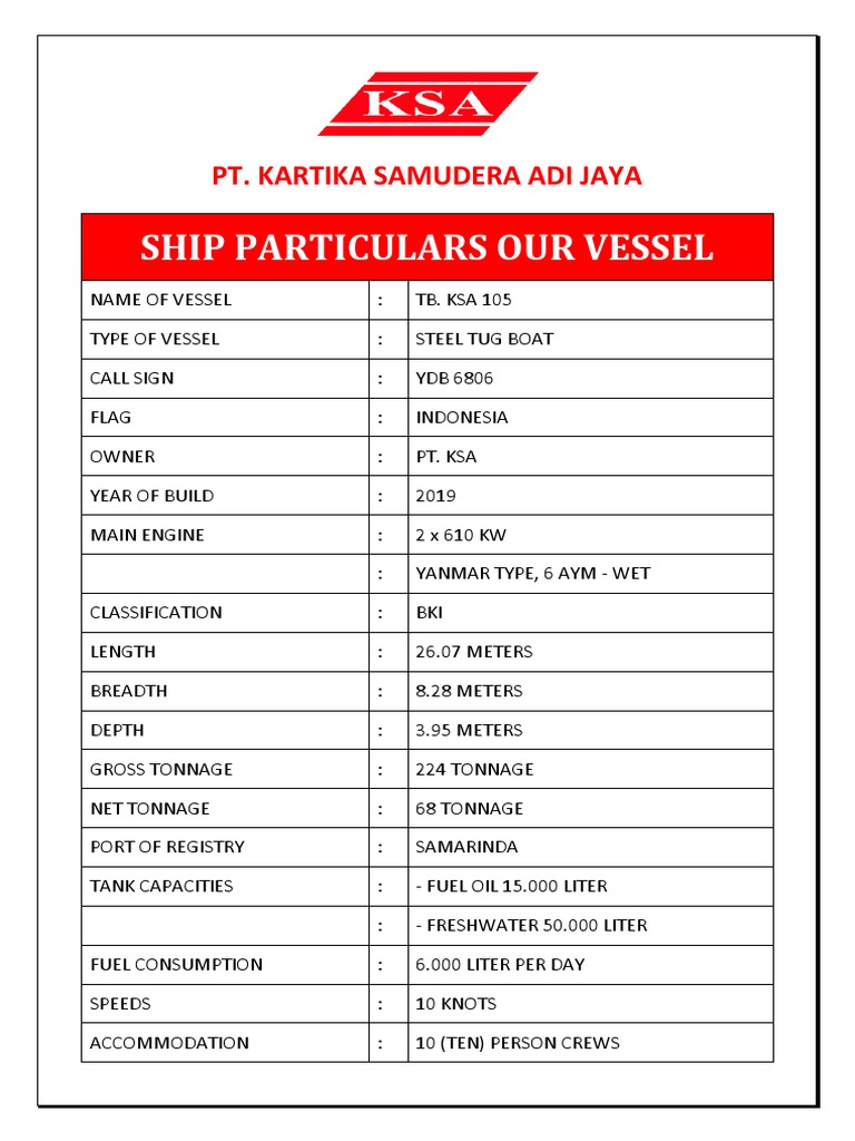 Specifications and Details of the Steel Tug Boat TB. KSA 105 Owned by ...
