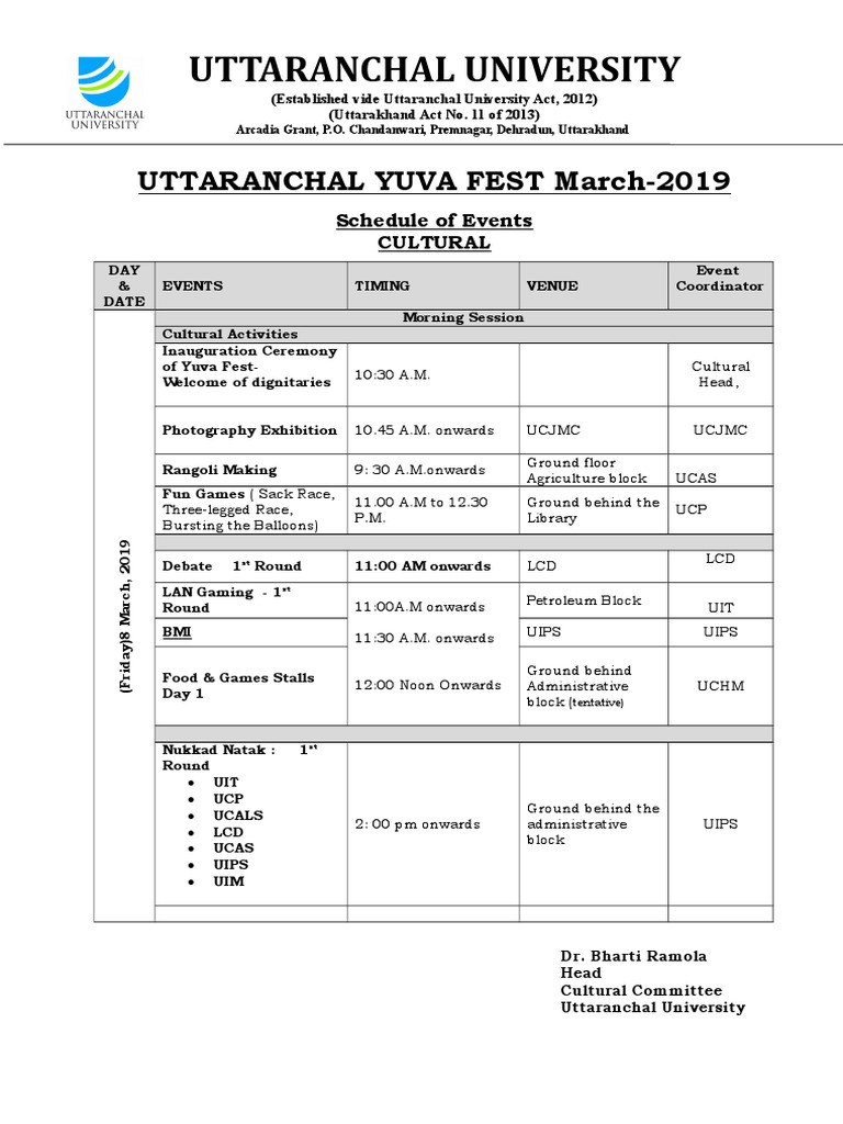 2019 Uttaranchal Yuva Fest - Schedule of Events | PDF | Art Media | Nature