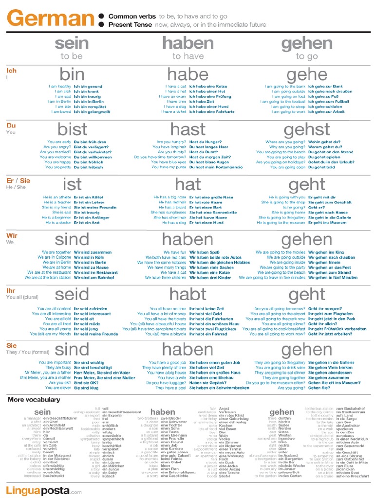 German Verbs, (Sein, Haben, Gehen) in Present Tense | PDF