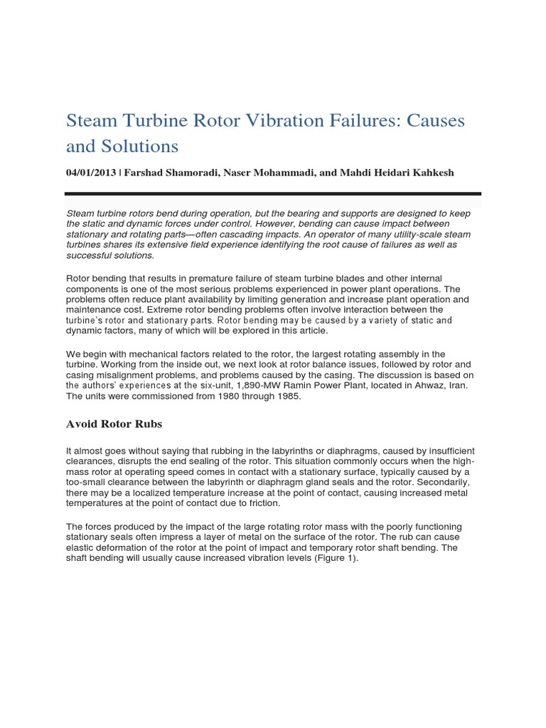 Steam Turbine Rotor Vibration Failures | PDF | Turbine | Bearing ...