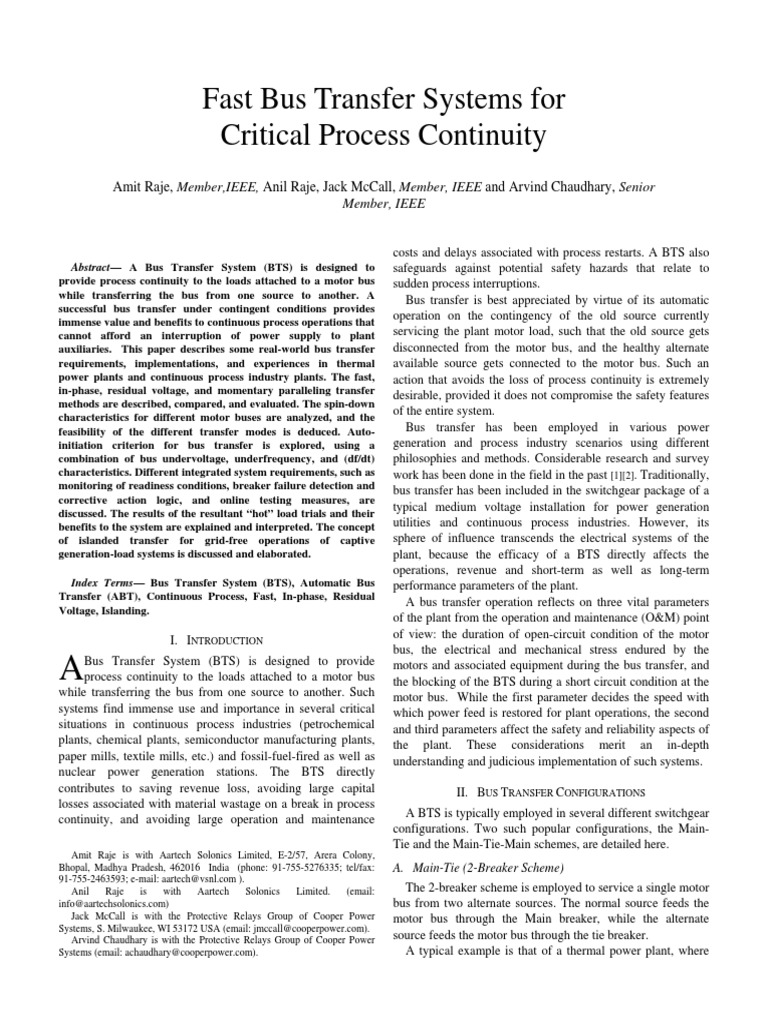 Fast Bus Transfer Systems For Critical Process Continuity | PDF ...