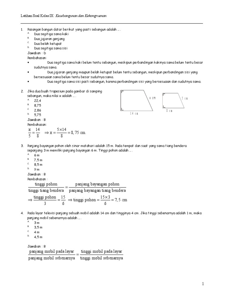 Soal Dan Pembahasan Kesebangunan Dan Kekongruenan Kelas IX SMP | PDF
