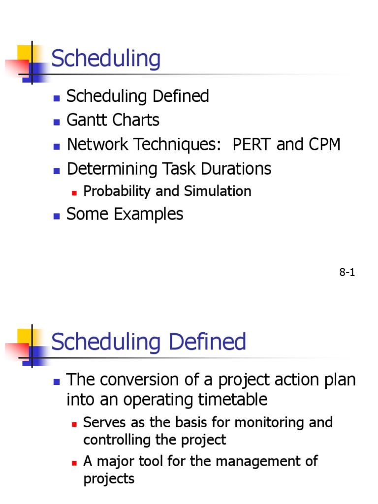 Scheduling: Scheduling Defined Gantt Charts Network Techniques: PERT and CPM Determining Task ...