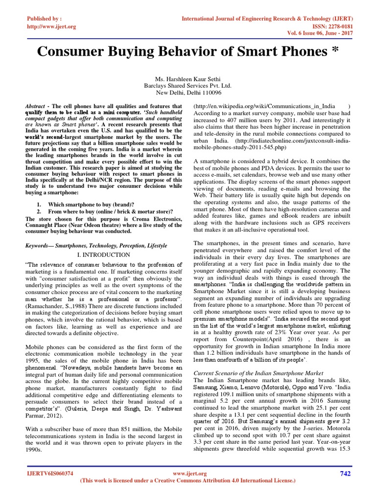 Consumer Buying Behavior Of Smart Phones Ijertv6is060374 Pdf Pdf