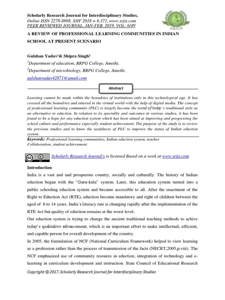 A Review Of Professional Learning Communities In Indian School At