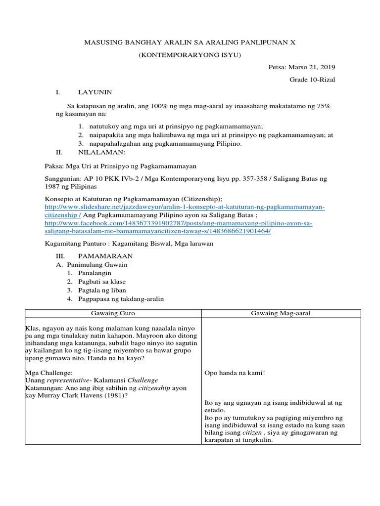 Final Lesson Plan (Pagkamamamayan) | PDF