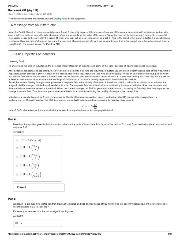 Homework #12 (Phy 112) Solutions | PDF | Inductance | Inductor