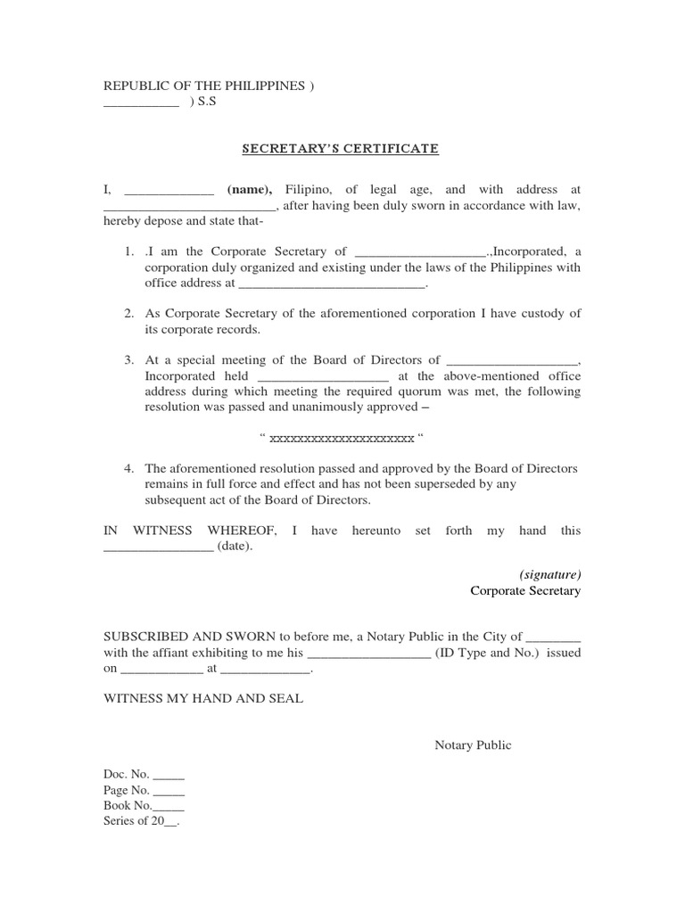 Secretary's Certificate Documenting a Resolution Passed by the Board of ...