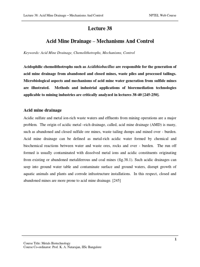 Acid Mine Drainage - Mechanisms and Control | PDF | Arsenic ...