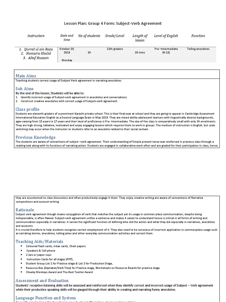 Subject-Verb Agreement Lesson Plan | PDF | Verb | Subject (Grammar)