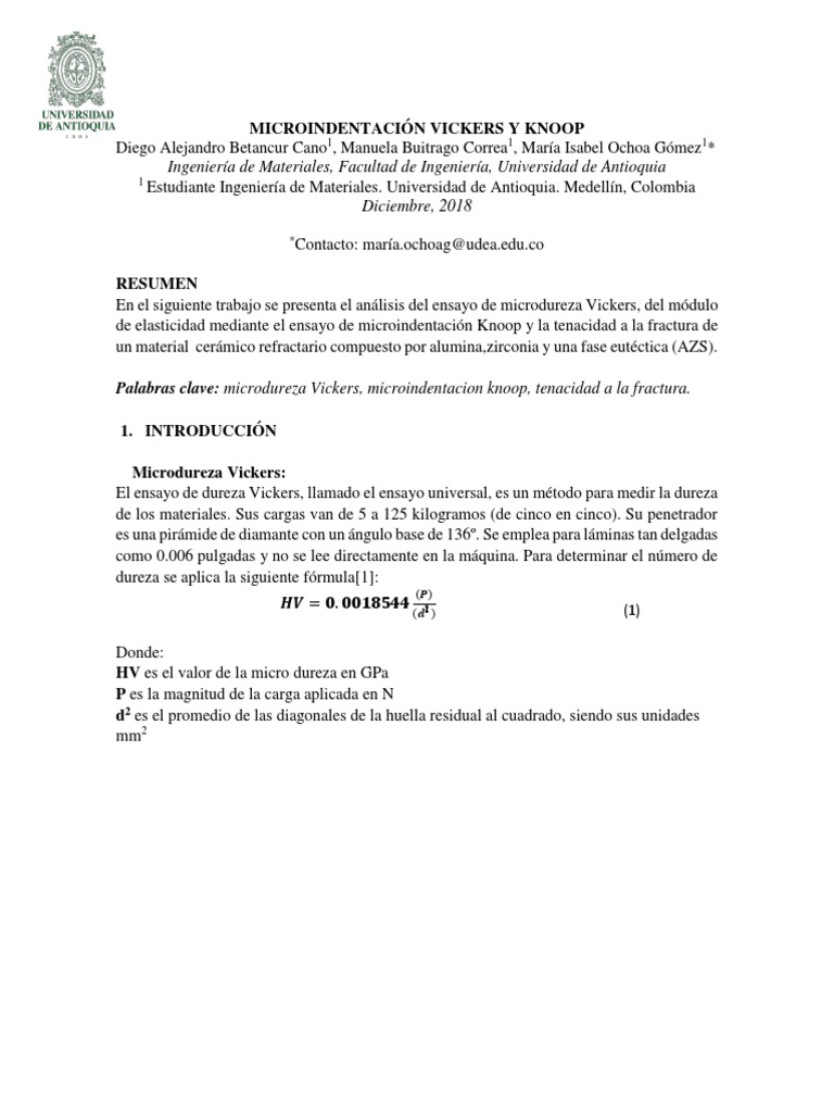 Ensayo de Microdureza Knoop y Vickers | PDF | Dureza | Mecánica de ...