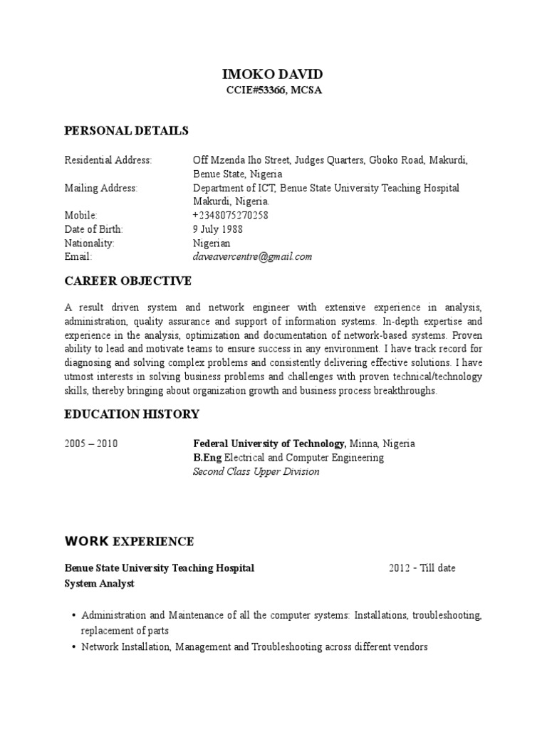 Imoko David Resume | PDF | Cisco Certifications | Computer Network