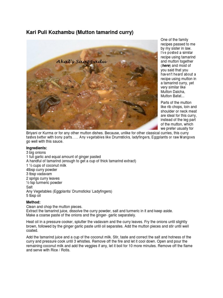 Kari Puli Kozhambu (Mutton Tamarind Curry) : Ingredients | PDF | Lamb ...