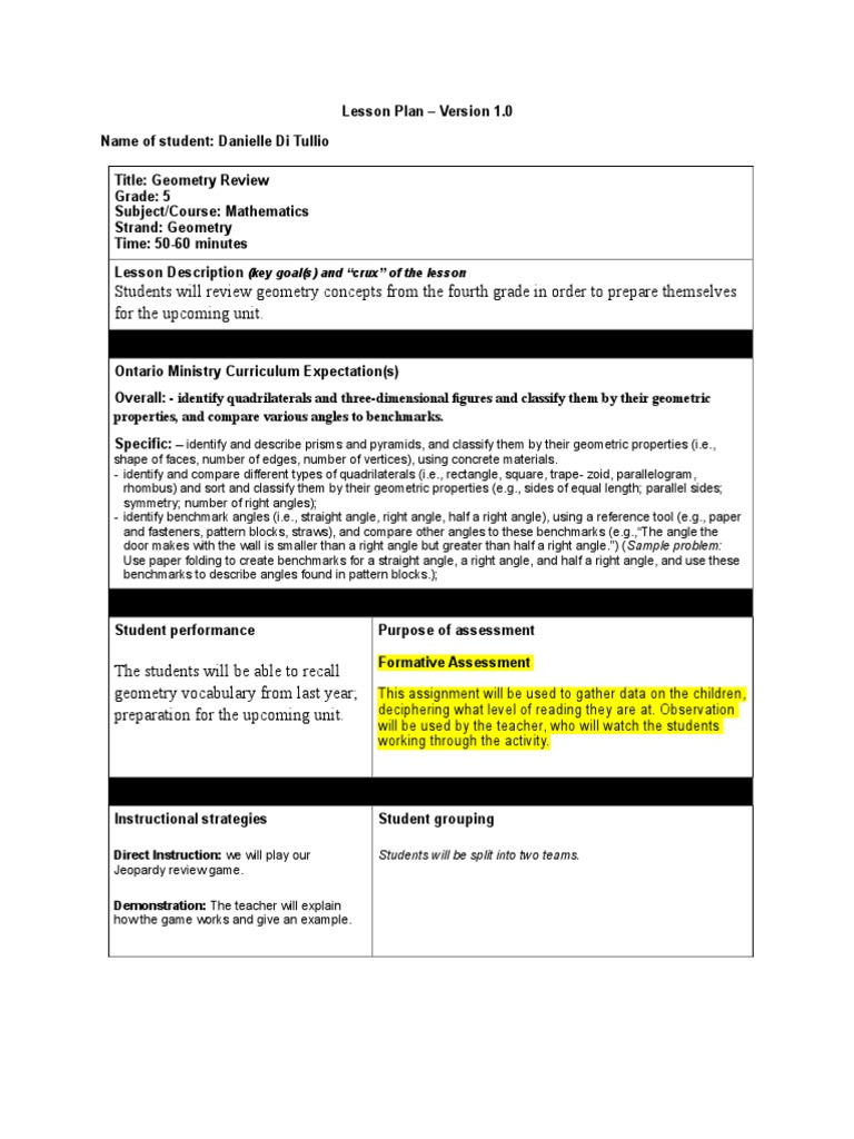 Geometry Review Grade 4 Lesson Plan | PDF | Psychological Concepts ...