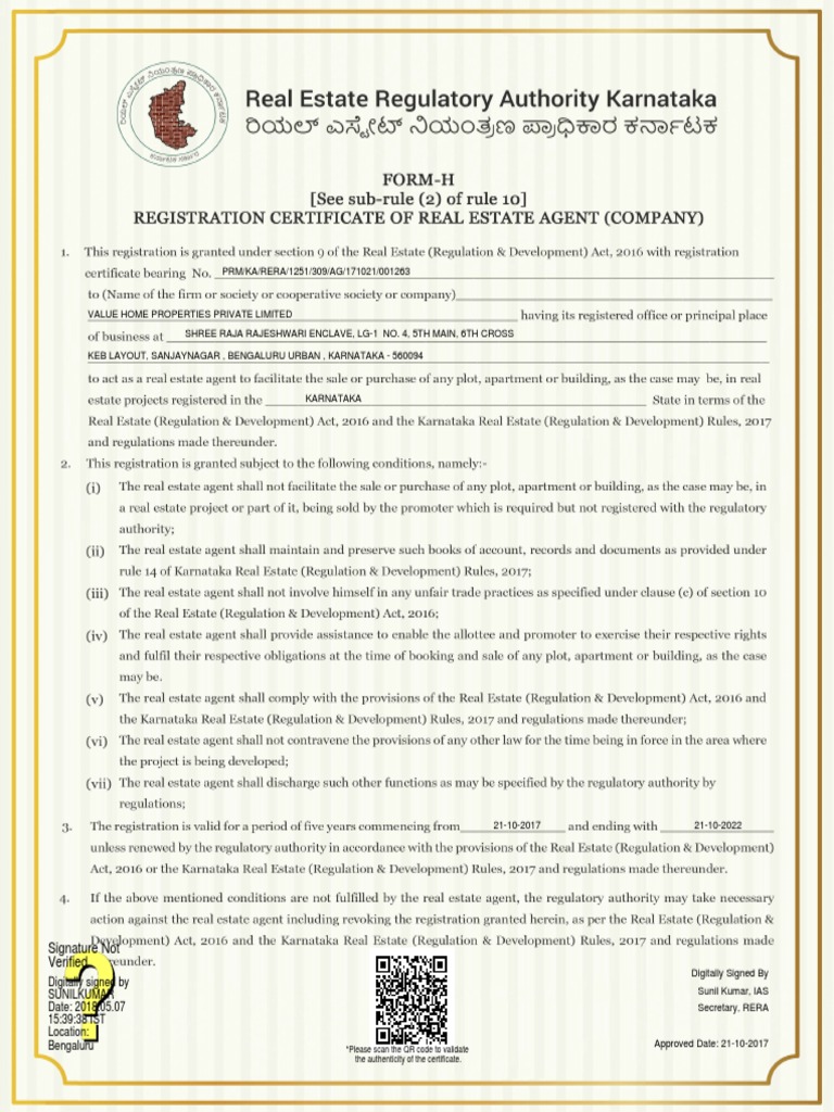 RERA Karnataka Certificate | PDF