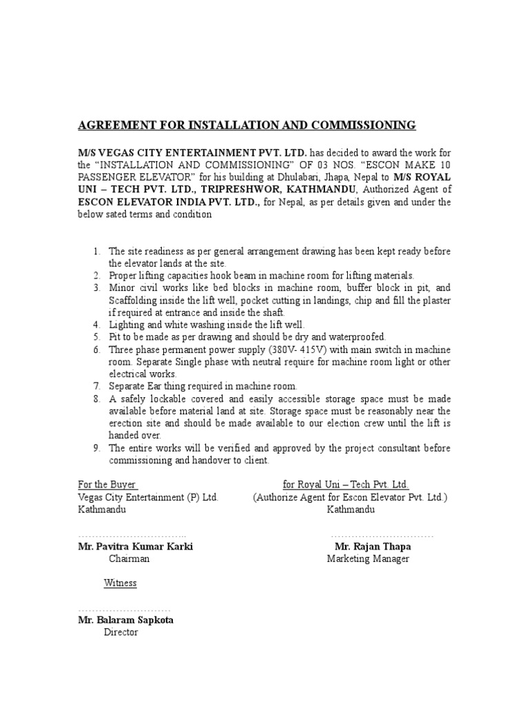 Agreement For Installation and Commissioning | PDF