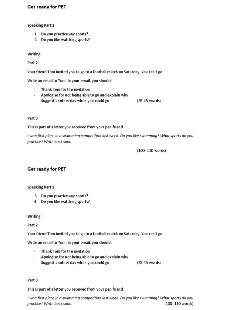 Sample PET Practice Test - Sports Themed Topics and Writing Tasks | PDF