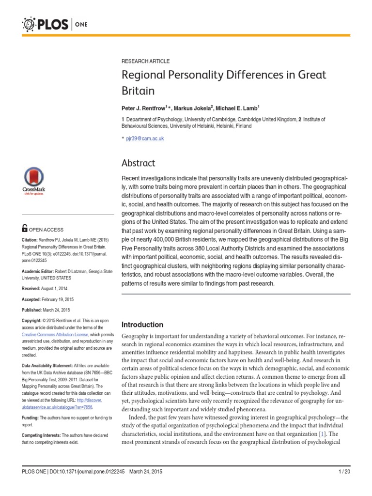 Regional Personality Differences in Great Britain: Peter J. Rentfrow ...