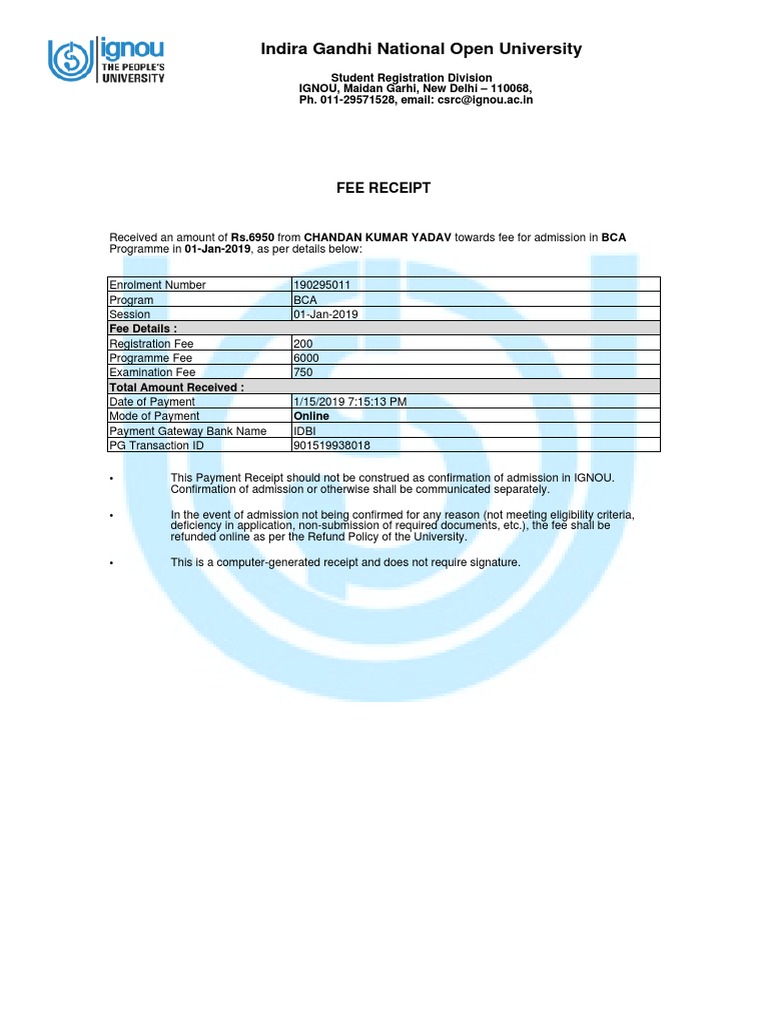 IGNOU BCA Fee Receipt | PDF