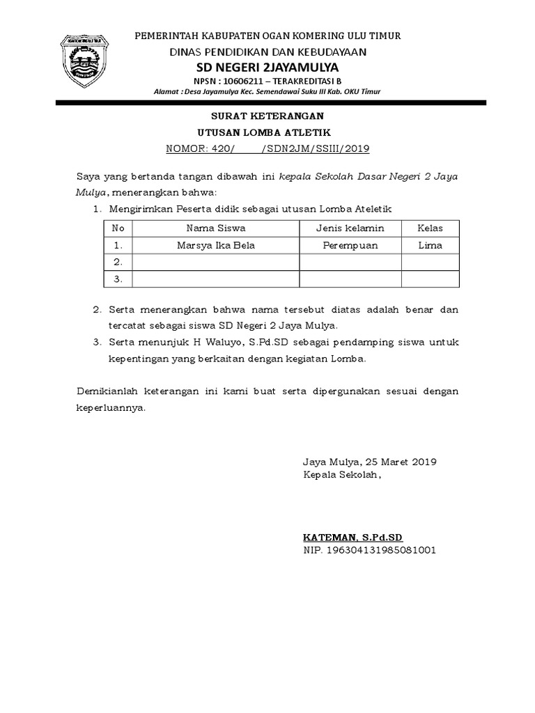 2 Surat Keterangan Utusan Dari Sekolah1 | PDF