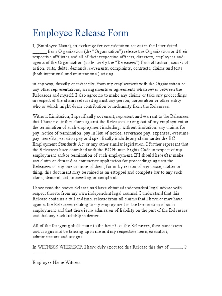 Employee Termination Release Form