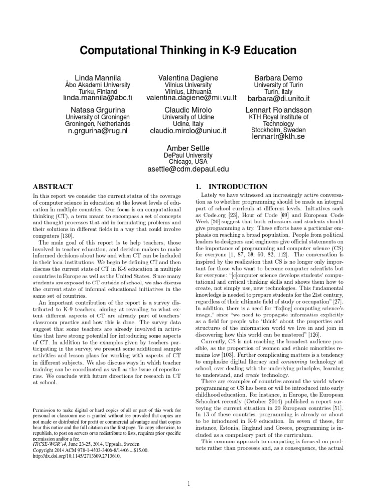 2014 - Computational Thinking in K-9 Education | PDF | Computer Science ...