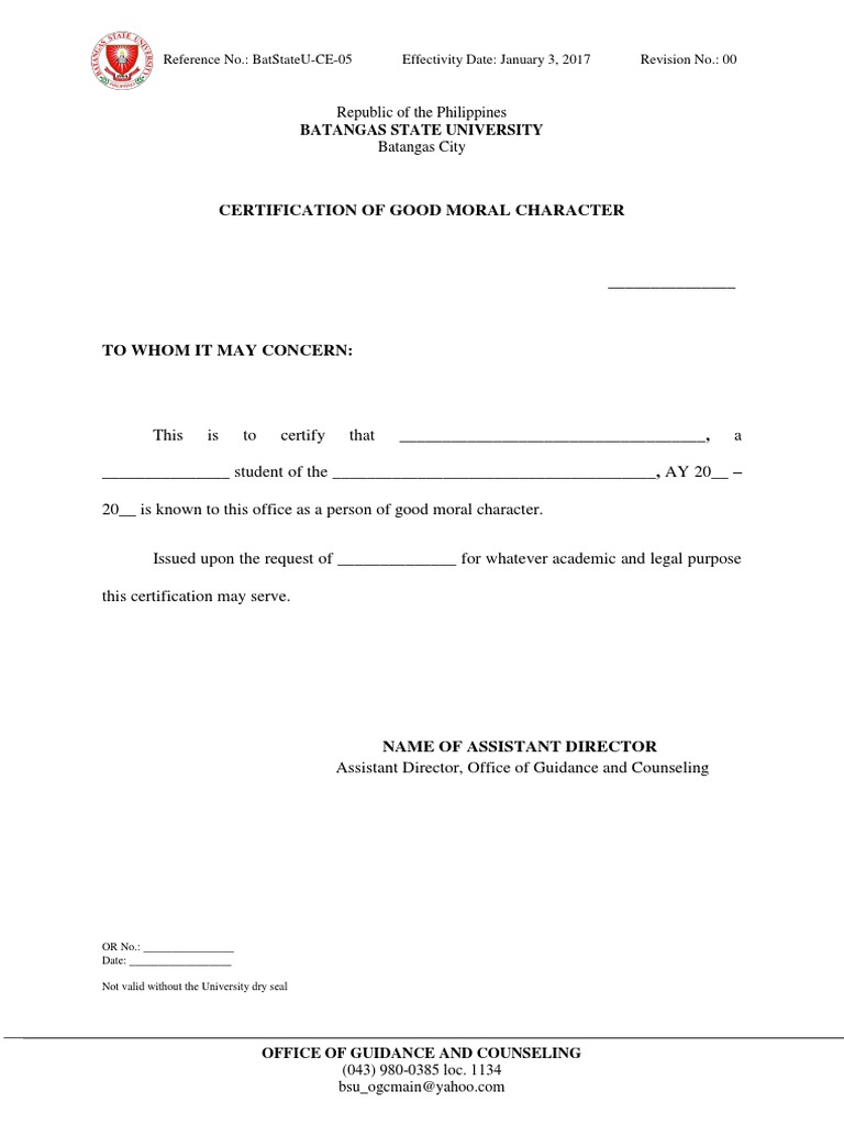 Certification of Good Moral Character | PDF | Finance & Money Management