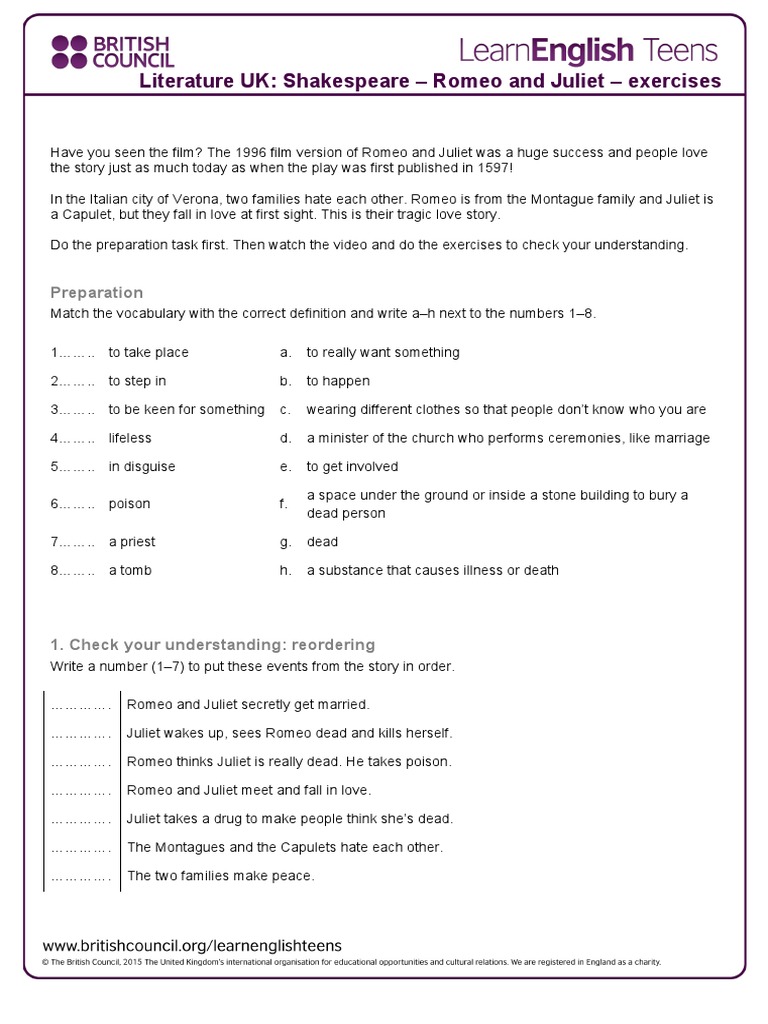 Romeo and Juliet Exercises Guide | PDF | Characters In Romeo And Juliet ...