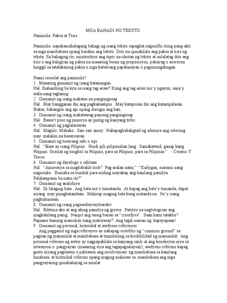 Mga Bahagi NG Teksto | PDF