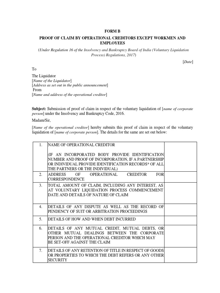 Form B Proof of Claim by Operational Creditors Except Workmen and ...