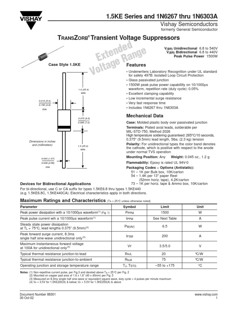 1.5KE Series 1N6267 A 1N6303A - Vishay (TransZorb Transiente Voltage ...