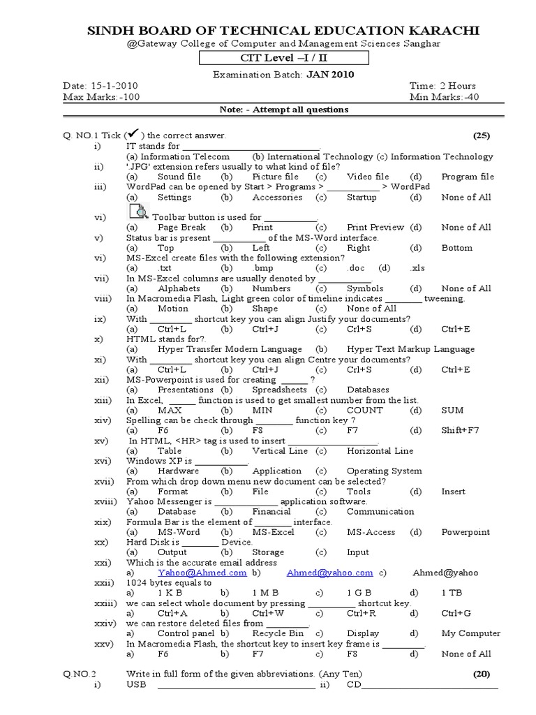 Sindh Board Of Technical Education Karachi: CIT Level –I / II | Html ...
