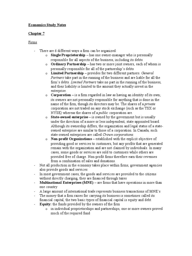 Economics Study Notes | PDF | Partnership | Factors Of Production