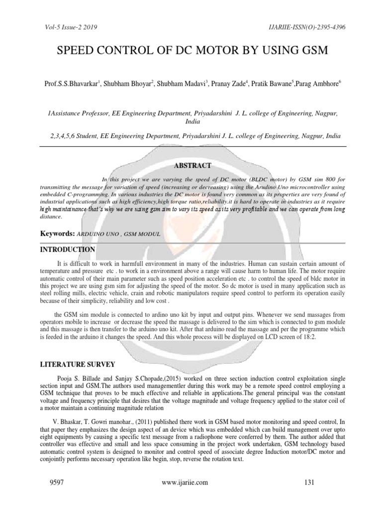 Speed Control of DC Motor by Using GSM Ijariie9597 | PDF | Arduino ...