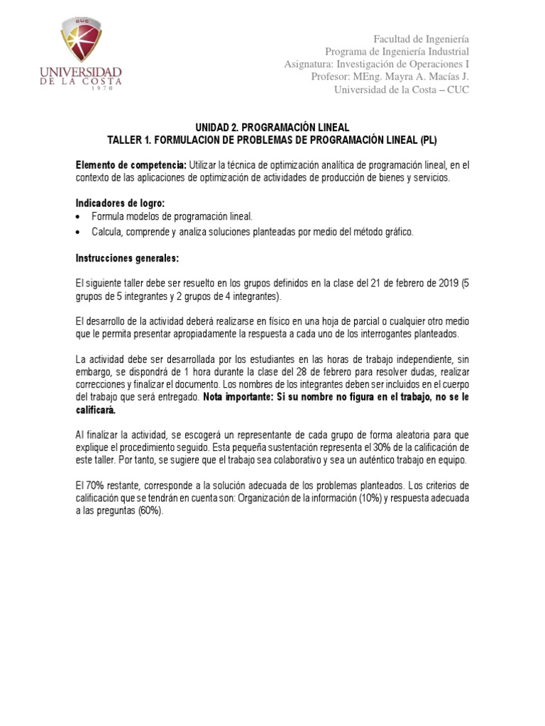 Hoja De Trabajo Y Respuestas De Programación Lineal