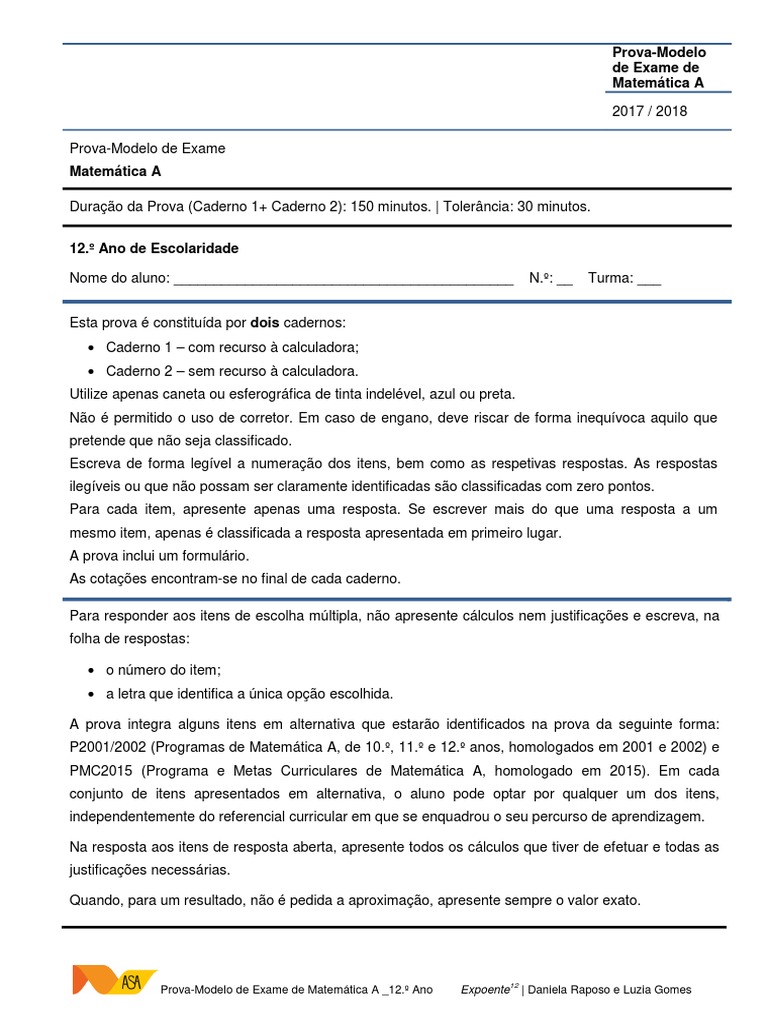 Prova-Modelo de Exame de Matemática A - 2017-2018 | PDF | Pi | Função ...