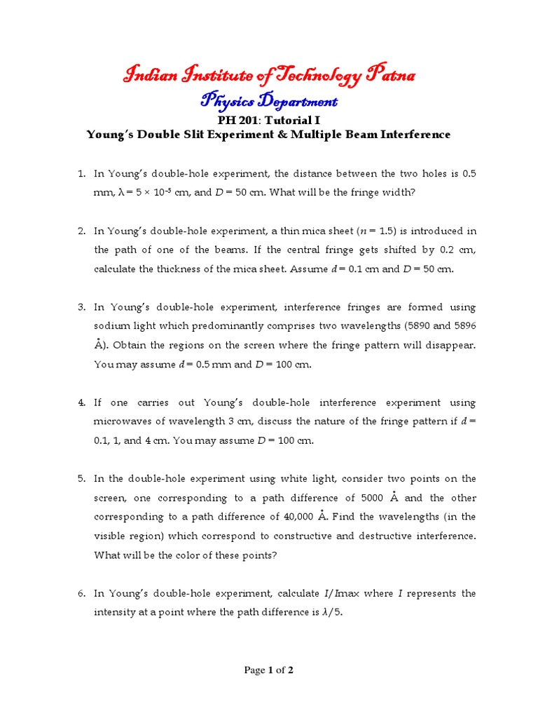 Tutorial I - Interference - 28.01.2019 PDF | PDF | Wavelength | Interferometry