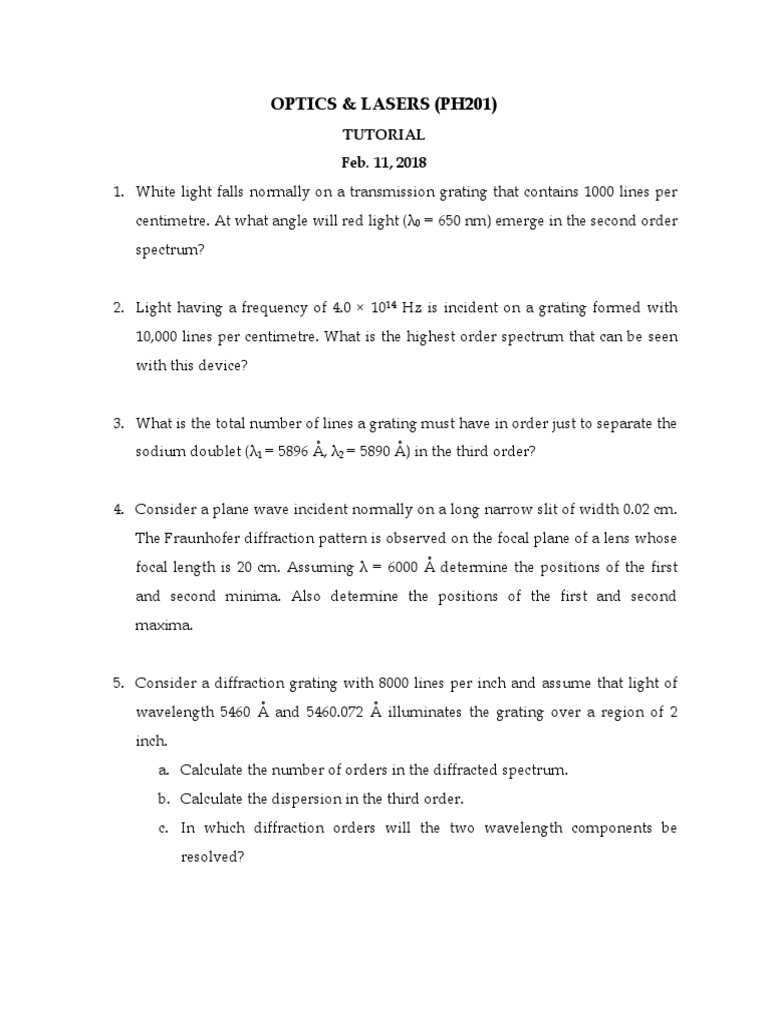 Optics & Lasers Tutorial Problems | PDF | Diffraction | Wavelength