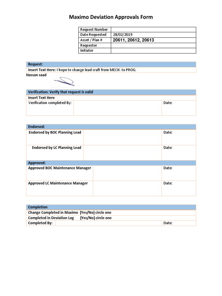 Maximo Deviation Approvals Form: Request Number Date Requested 28/02 ...