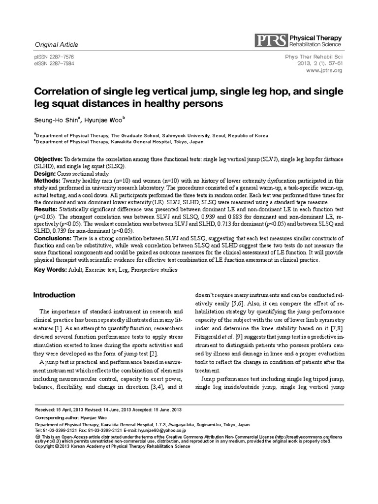 Correlation of Single Leg Vertical Jump, Single Leg Hop For Distance ...