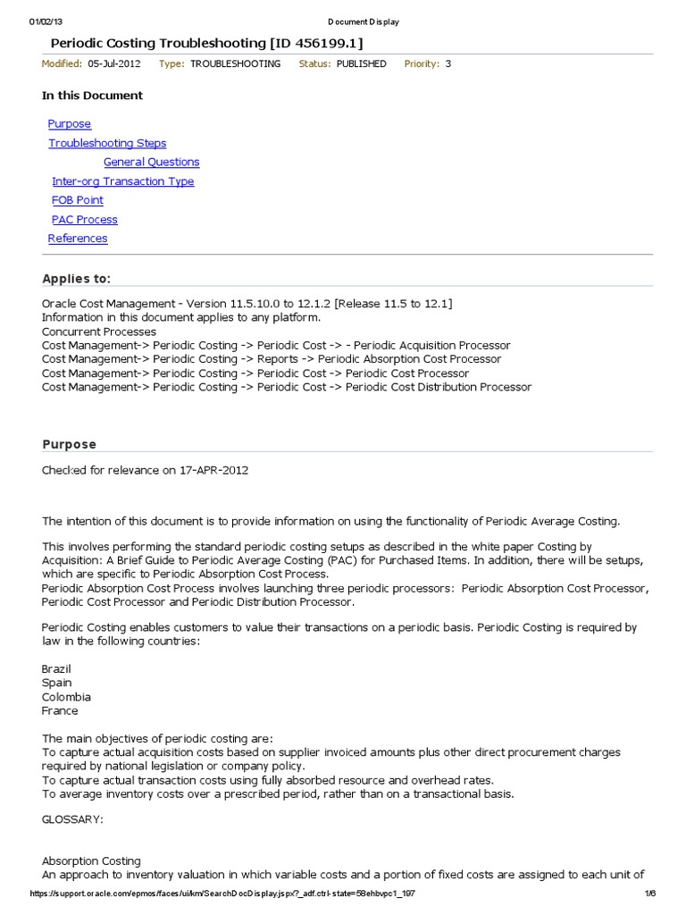 Periodic Costing Troubleshooting - Oracle r12 | PDF | Debits And Credits | Inventory