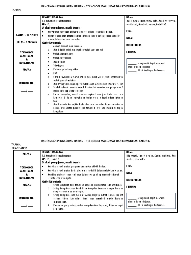 RPH Ringkas TMK Tahun 6 | PDF